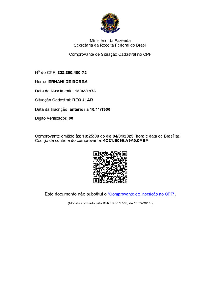 CPF Regular Na Receita Federal Ernani Borba 04012025 | PDF