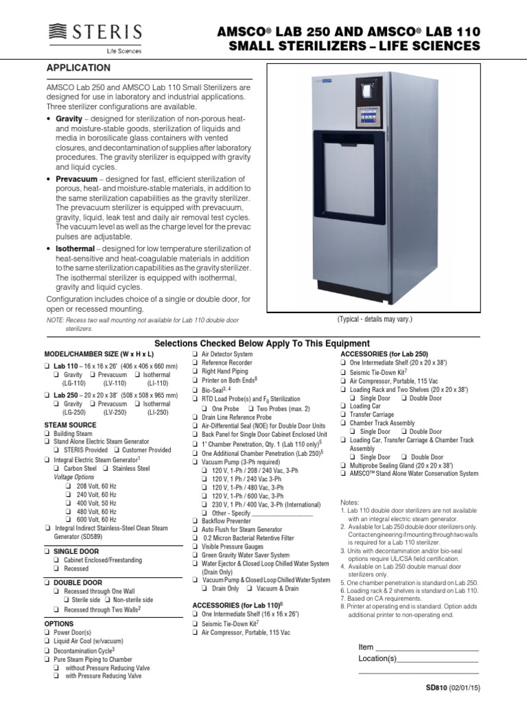 Eq Manual Amsco Lab Series Small Data Sheet | PDF | Sterilization (Microbiology) | Steam