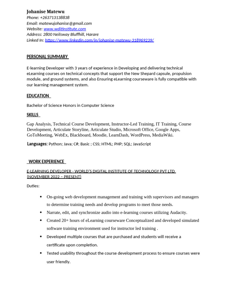 Johanise Matewu computer teacher CV | PDF | Educational Technology | Computing
