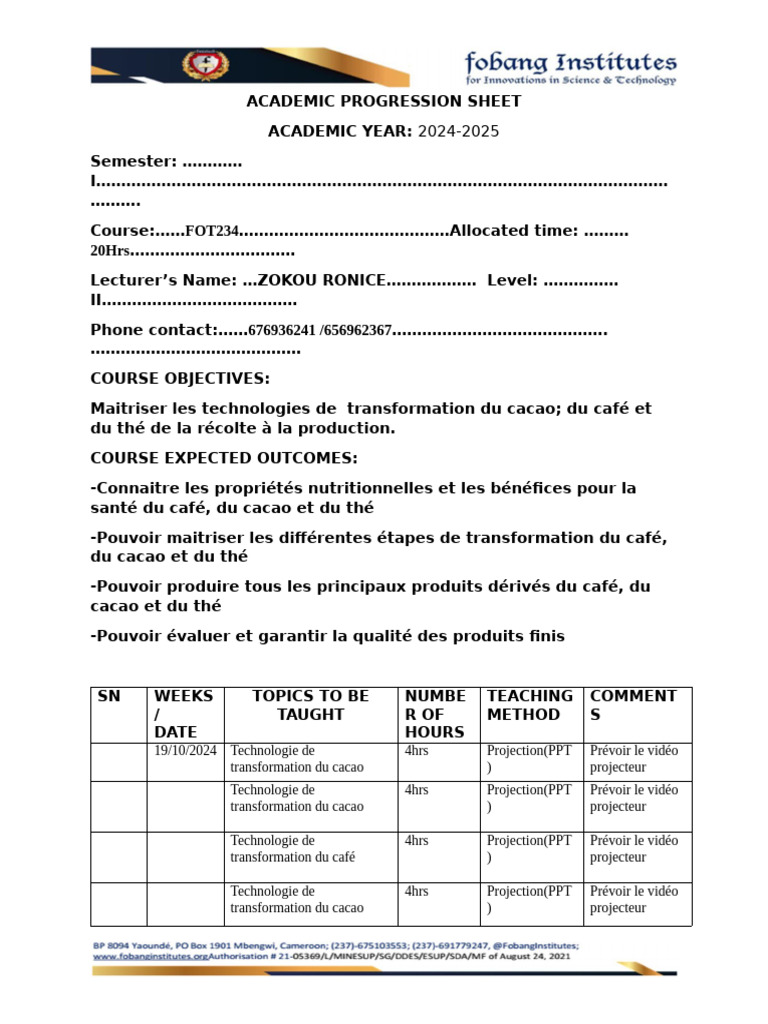 Fiche de progression académique 2024-2025 | PDF