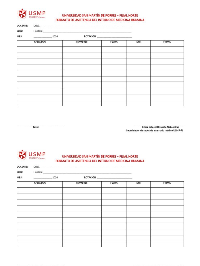 Formato Asistencia Internado Medicina USMP | PDF