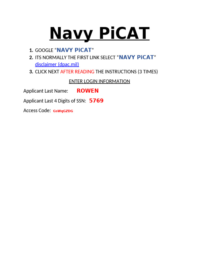 Accessing Navy PiCAT Instructions | PDF