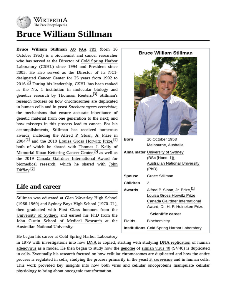 Bruce William Stillman | PDF | Biology | Life Sciences