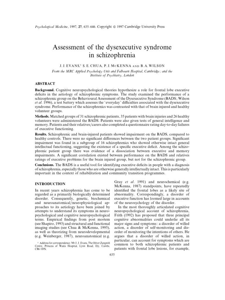 assessment of dysexecutive syndrome in schizophrenia | PDF ...