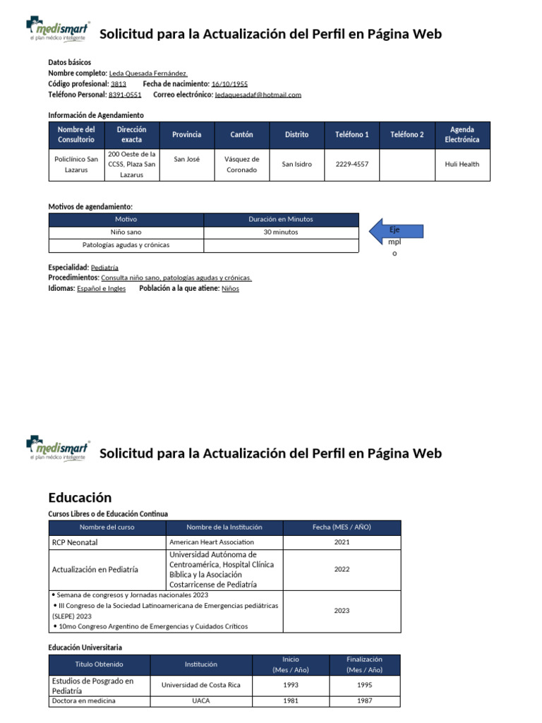 Solicitud para la Actualización de Perfil en Pagina Web Medismart | PDF | Cuidado de la salud ...