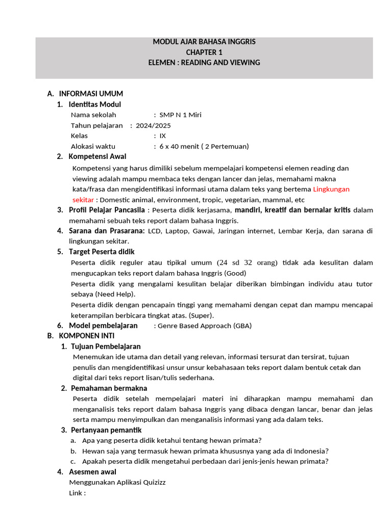 MODUL AJAR KLS 9 CHAPTER 1 - Reading and Viewing (1) (Repaired) | PDF