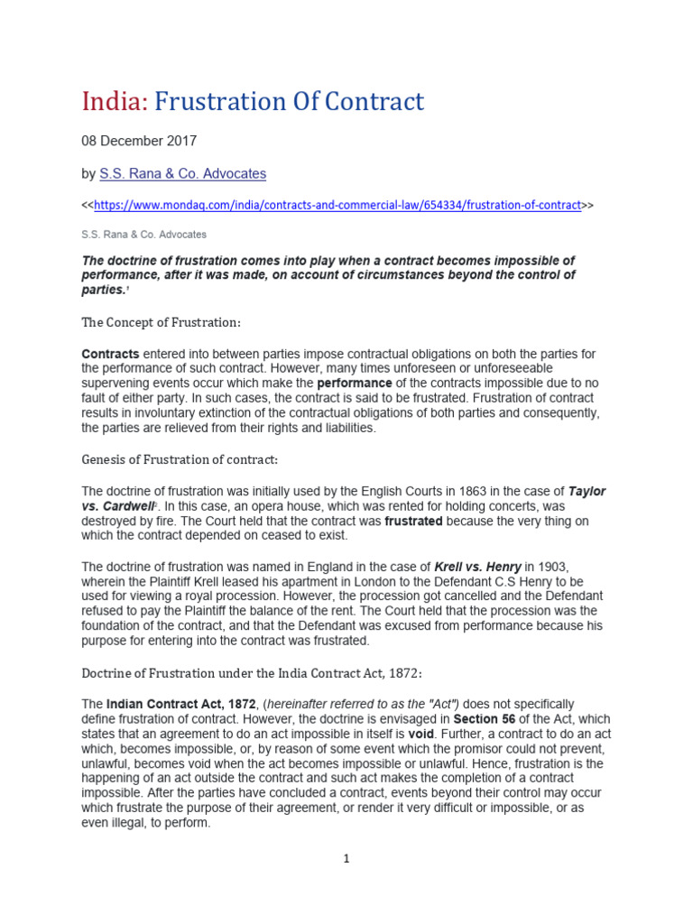 Doctrine of Frustration in India | PDF | Doctrine | Contract Law