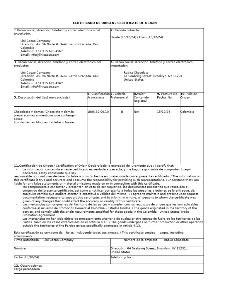 Certificado de Origen Lini Cacao 2024 | PDF | Theobroma | Chocolate