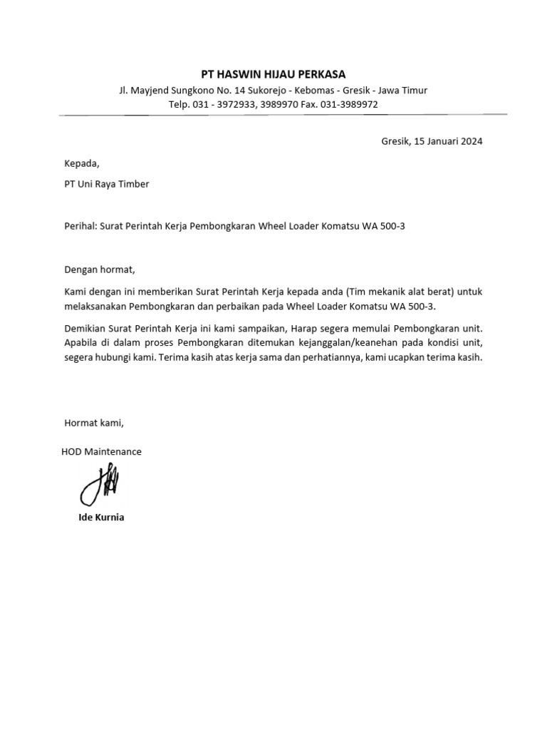 Haswin - Surat Perintah Kerja Pembongkaran Wheel Loader WA 500-3 | PDF