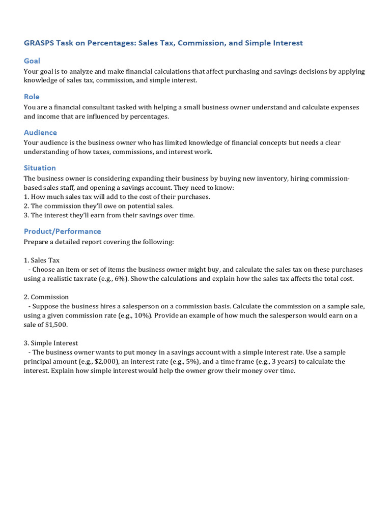 GRASPS Task Sales Tax Commission Simple Interest Corrected | PDF | Taxes | Sales