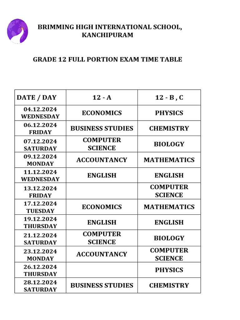 Grade 12 Exam Timetable 2024 | PDF