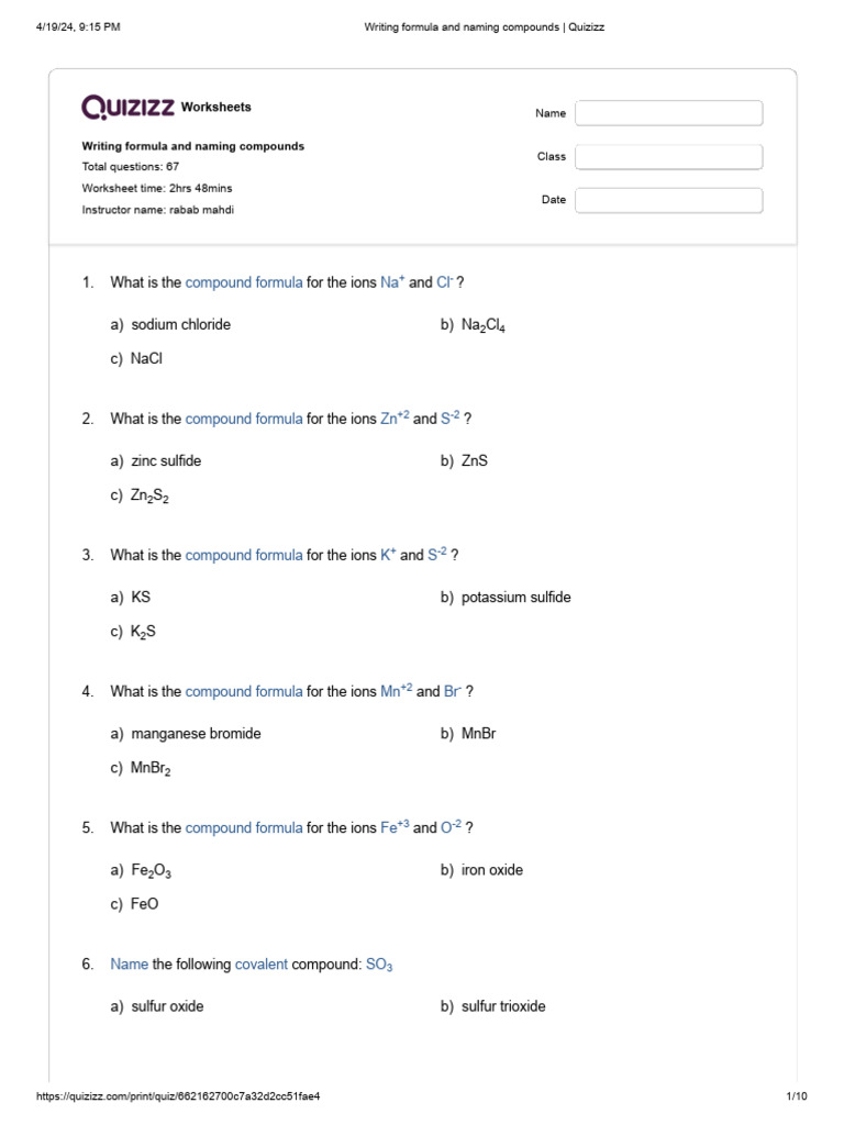 Writing Formula and Naming Compounds - Quizizz | PDF | Chemical ...
