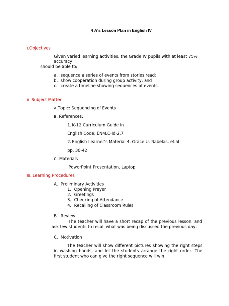 Sample Lesson Plan in English IV | PDF | Lesson Plan | Education Theory