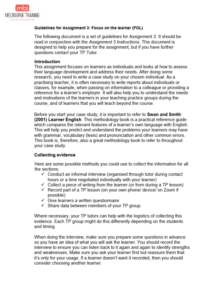Guidelines and Examples For Assignment 3 Focus On The Learner | PDF | Learning | English Language
