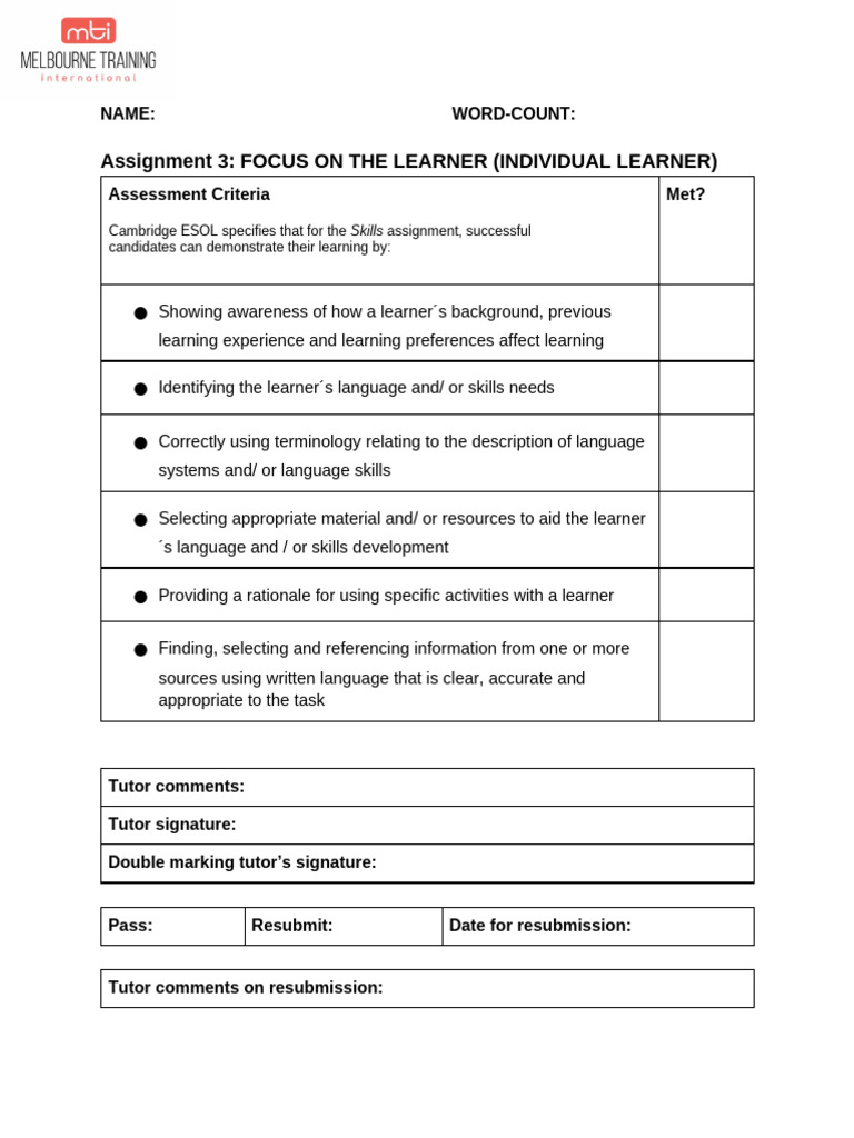 Instructions and Template For Assignment 3 Focus On The Learner | PDF | English As A Second Or ...