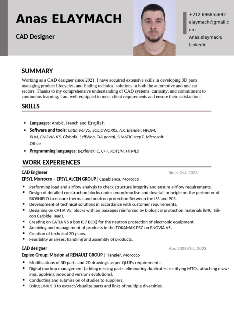 Resume ANAS ELAYMACH CA | PDF | Computer Aided Design | Engineering