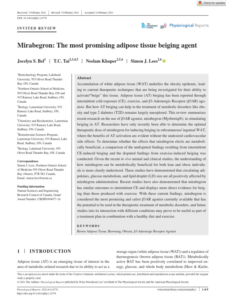 Physiological Reports - 2021 - Bel - Mirabegron the Most Promising Adipose Tissue Beiging Agent ...