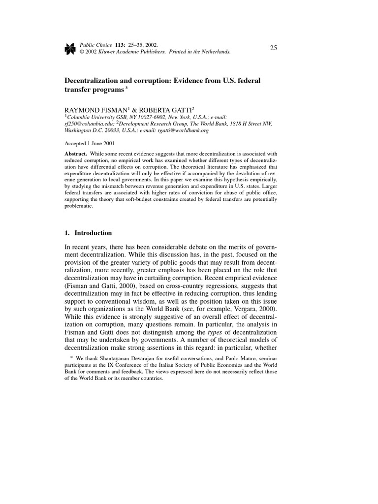 Decentralization and Corruption Evidence From U.S. Federal | PDF ...