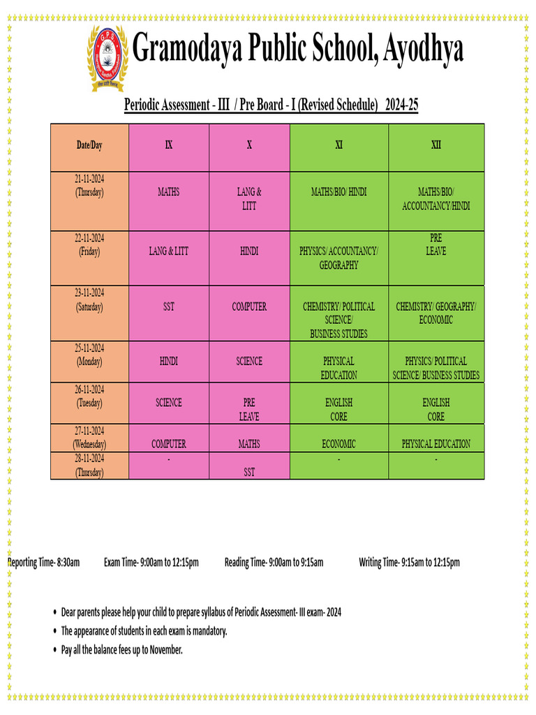 Revised Schedule - For P.A-III (IX-XII) | PDF