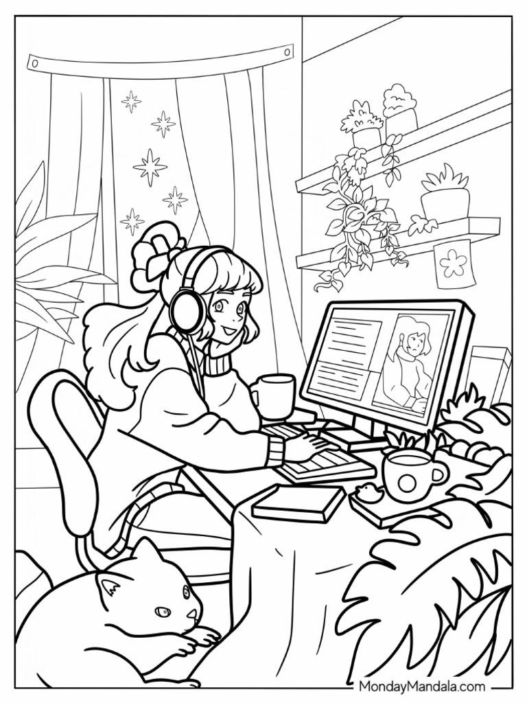 Girl With Headphones Working in A Cozy Office With Houseplants Coloring ...