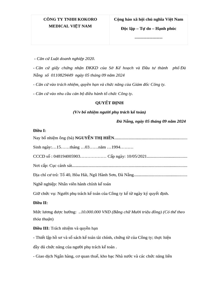 Quyet Dinh Bo Nhiem Nguoi Phu Trach Ke Toan | PDF