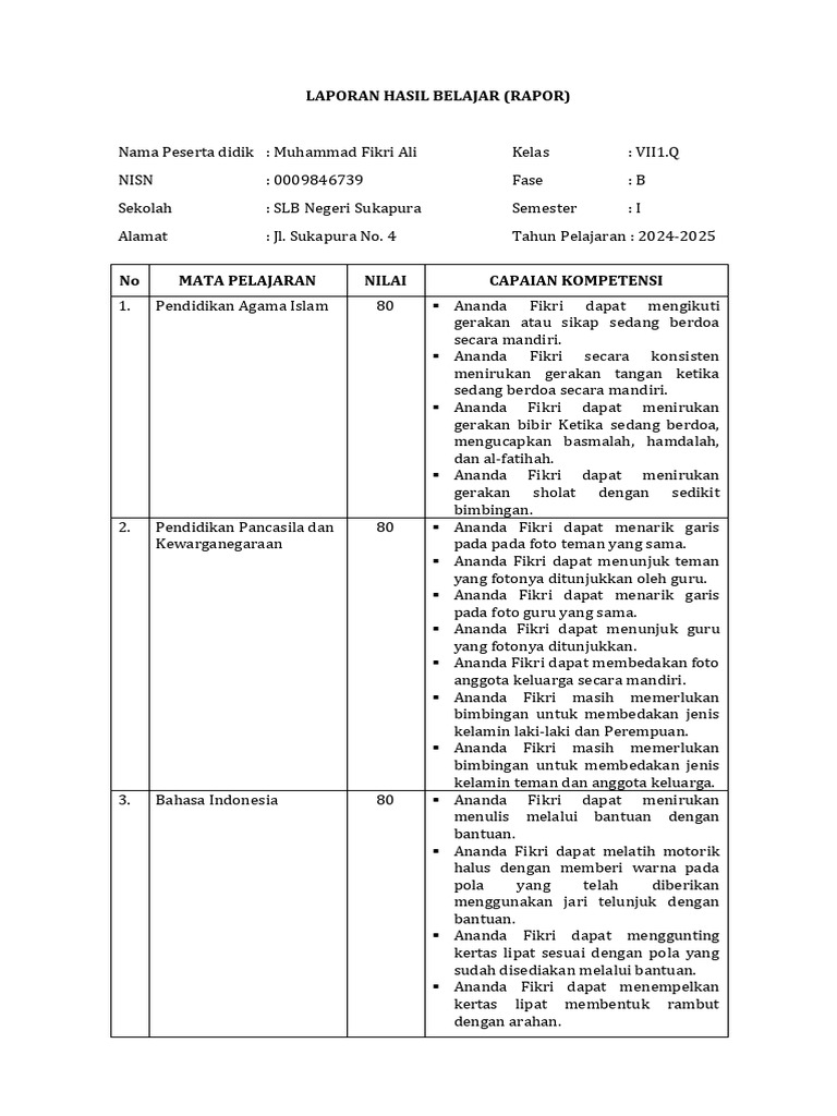 Contoh Rapor SDLB Tunagrahita Dan Autis | PDF