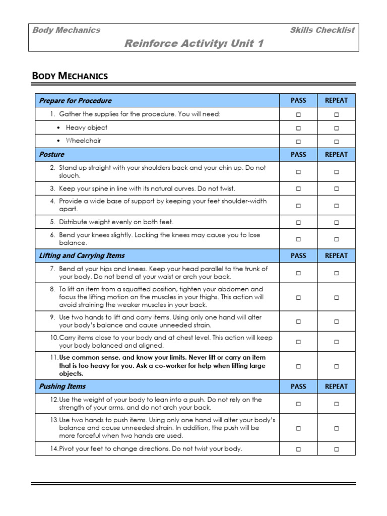Body Mechanics Skills Checklist Guide | PDF | Foot | Knee