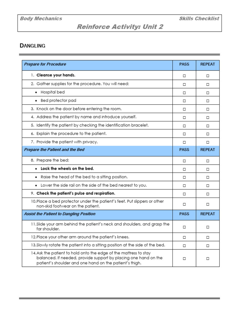 Body Mechanics Skills Checklist: Dangling | PDF