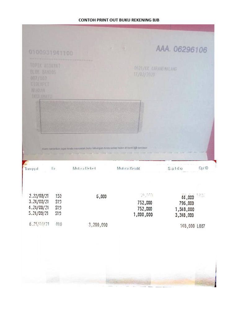 CONTOH PRINT OUT BUKU REKENING BJB - Lampiran | PDF