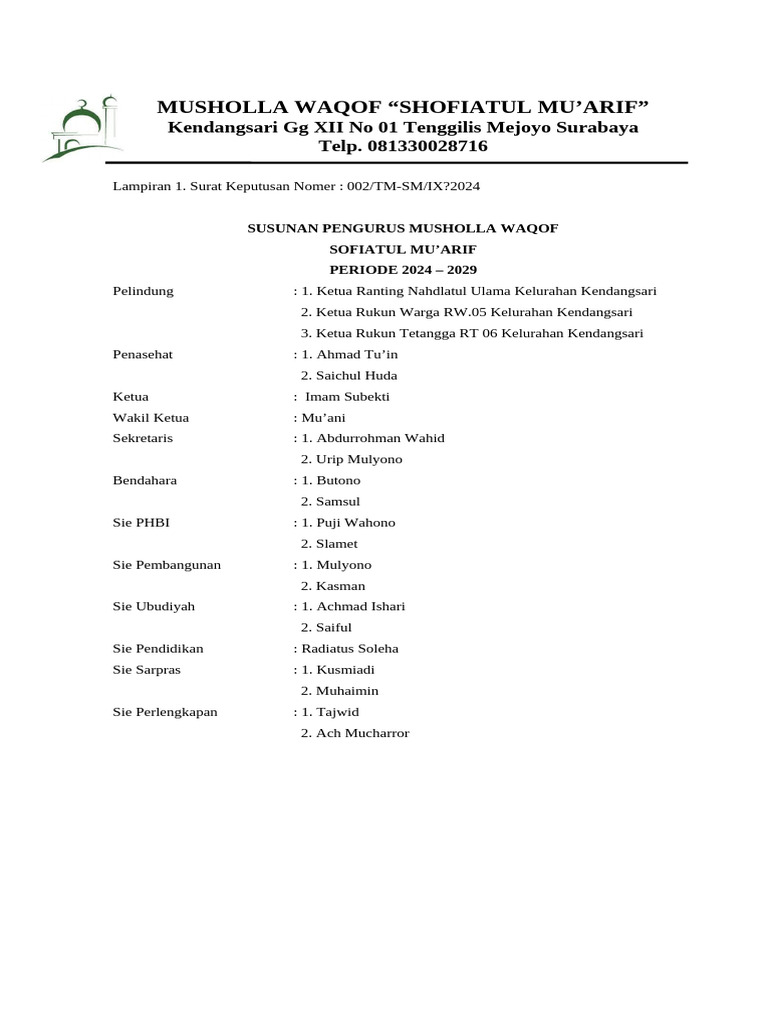Susunan Pengurus Mushola THN 2024-2029 | PDF