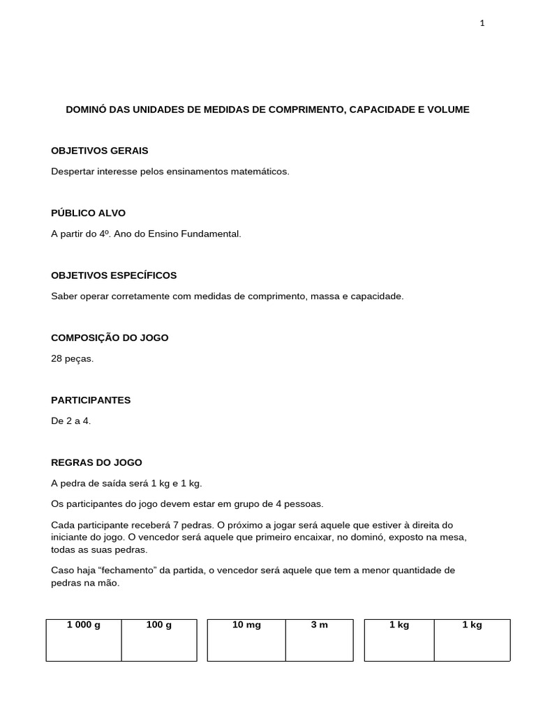 Jogo de Dominó: Medidas de Comprimento e Capacidade | PDF