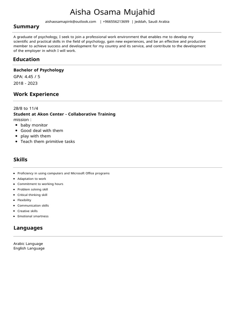 Aisha Mujahid: Psychology Graduate Resume | PDF