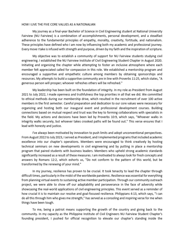 Living NU Fairview's Core Values | PDF | Psychological Resilience ...