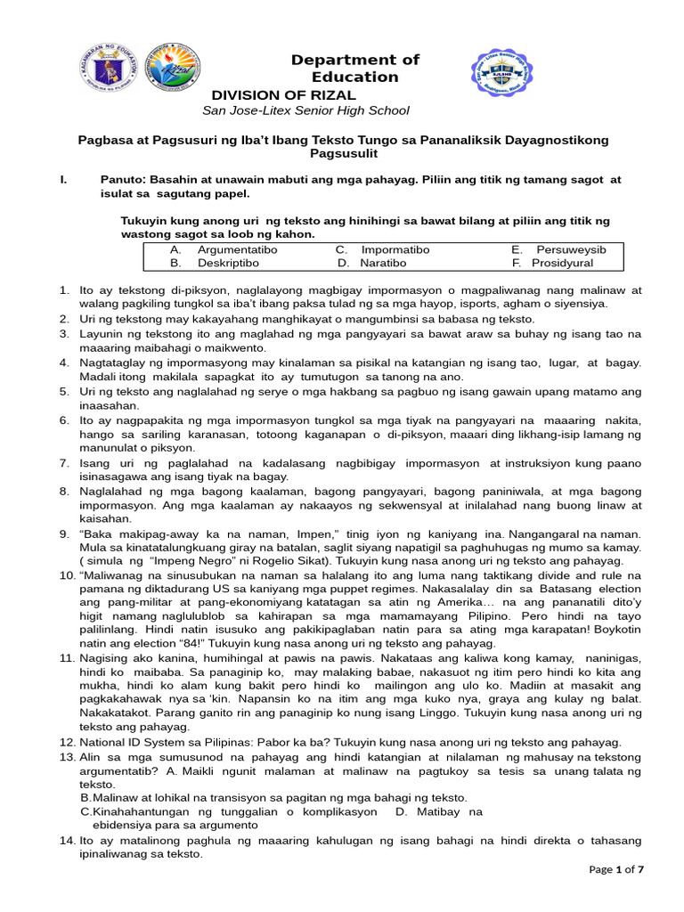 Diagnostic Exam Exam Pagbasa at Pagsusuri 2 | PDF