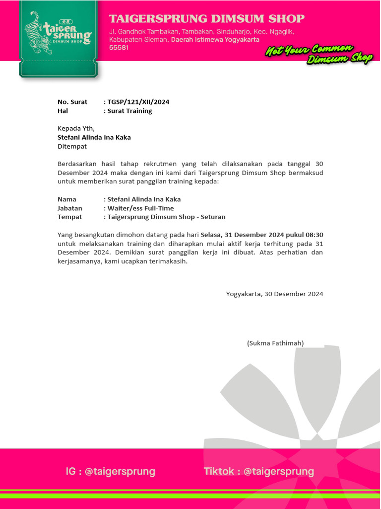 Surat Training - Stefani Alinda Ina Kaka - Waiter FT | PDF