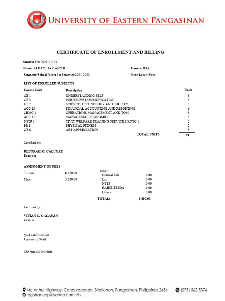 ALBAY, JAY ANN B. - Enrollment and Billing (1stsem) | PDF