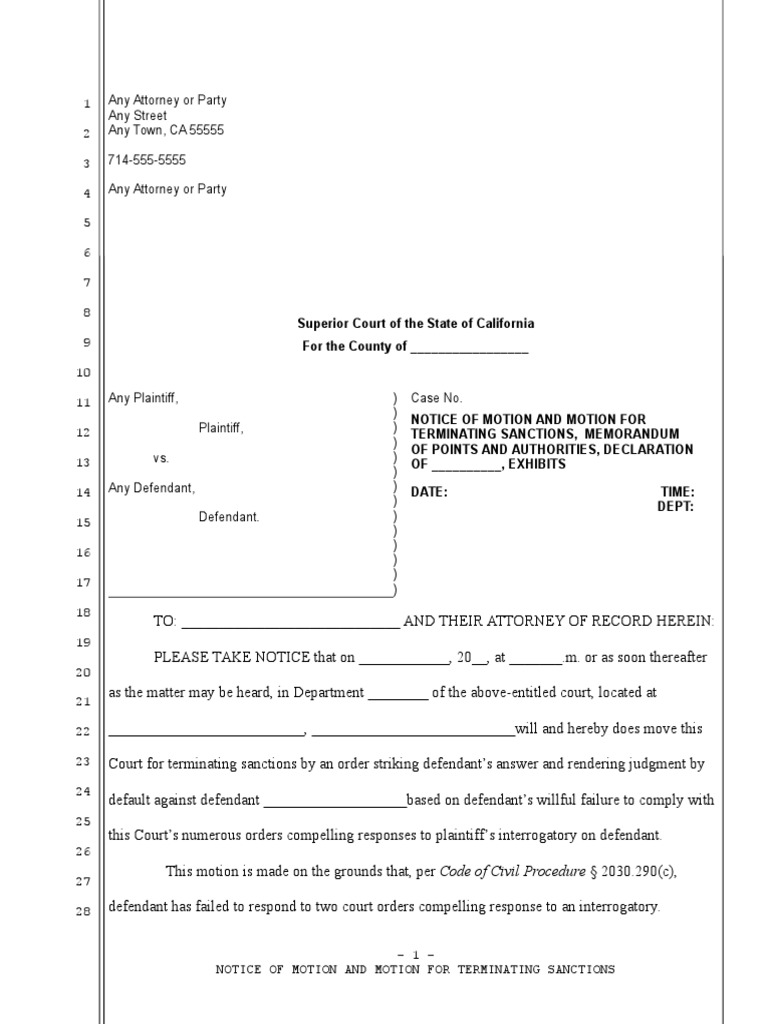 Sample Motion For Terminating Sanctions in California | PDF | Discovery ...