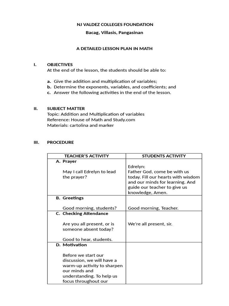 Detailed Lesson Plan in Math 4 | PDF | Equations | Lesson Plan