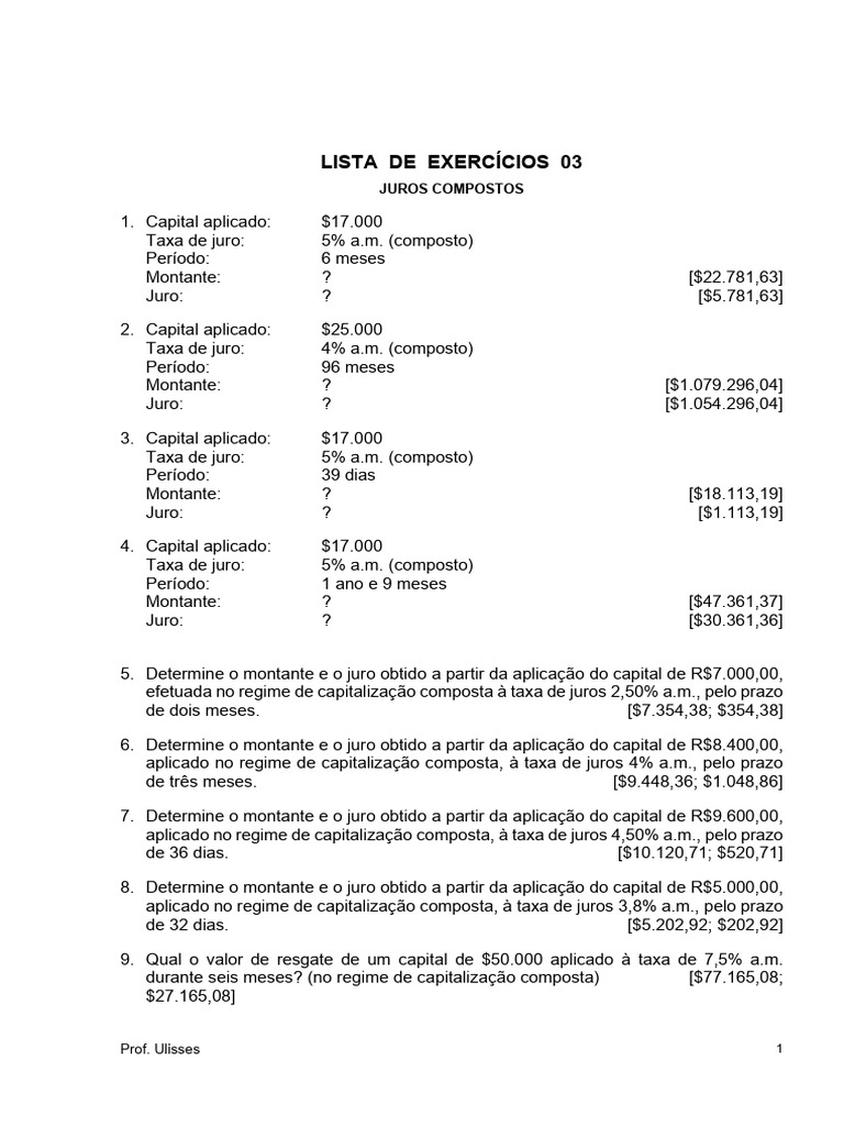 Lista Exercicios 03 - Juro Composto | PDF | Juros | Business