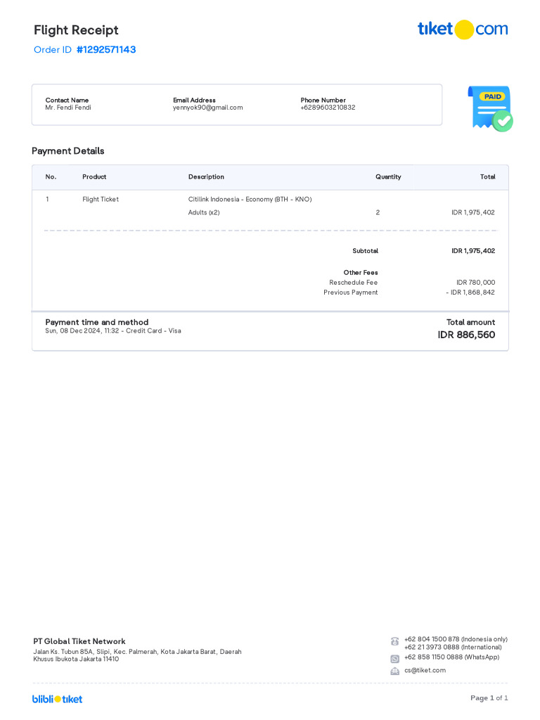 E Receipt Flight EN 1292571143 | PDF