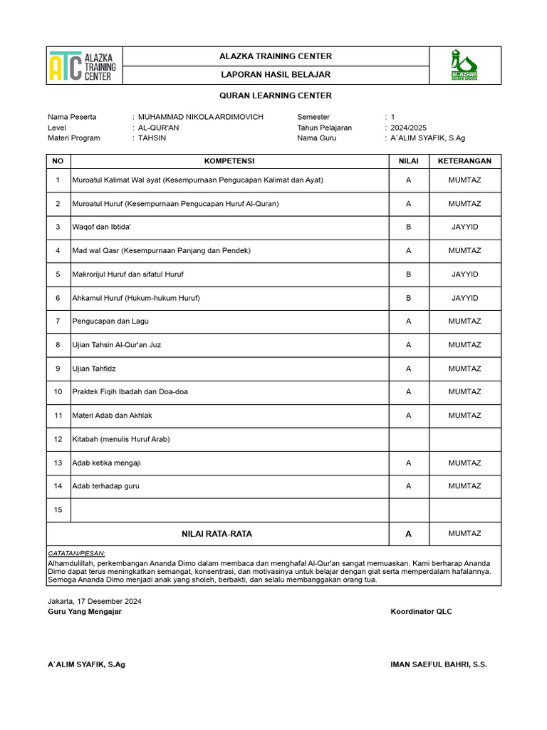 Raport Tahsin QLC 2024 - 2025 Sem 1 (Syafik) | PDF