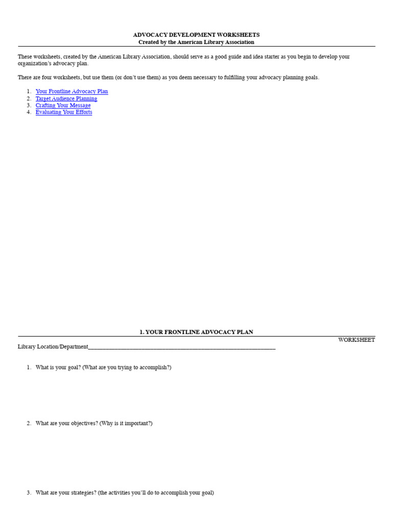 Advocacy Plan Development Worksheets | PDF | Target Audience | Libraries
