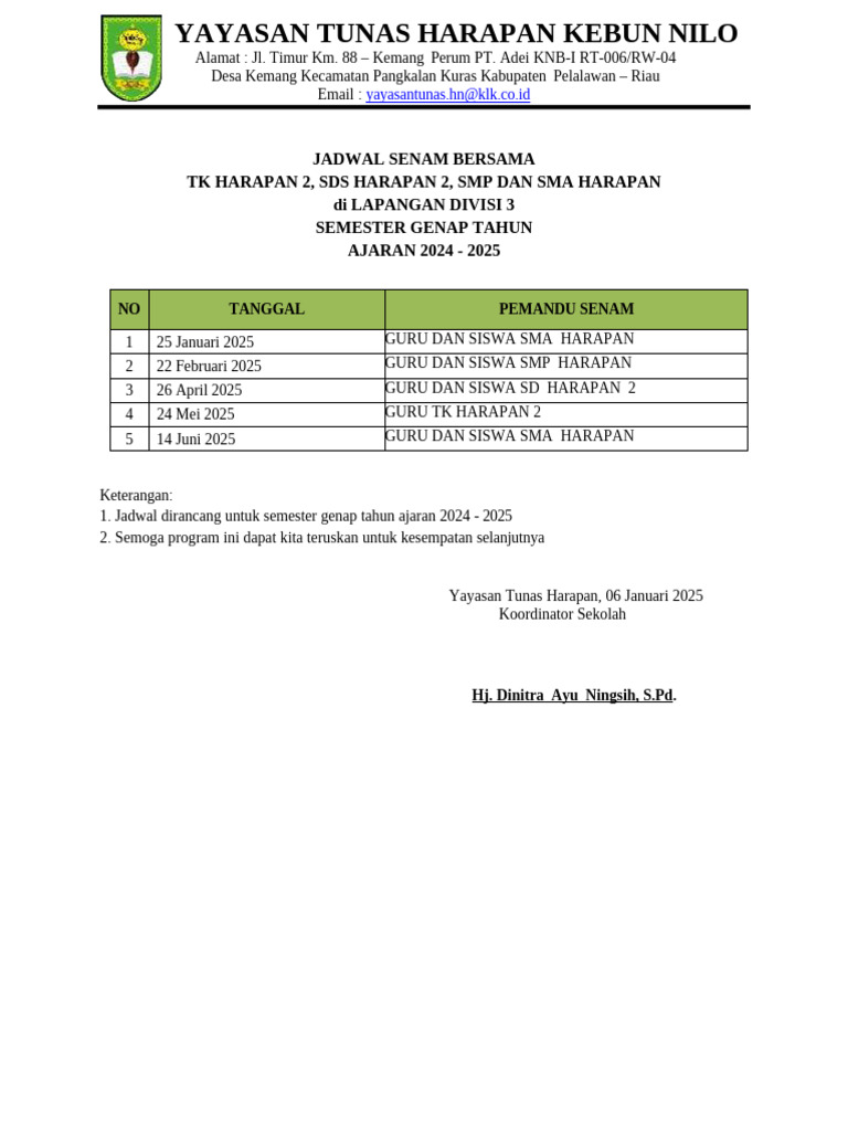 Jadwal Senam Semester Genap 2024-2025 | PDF