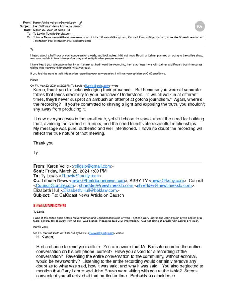 Emails Between Karen Velie and Paso Robles City Manager Ty Lewis | PDF