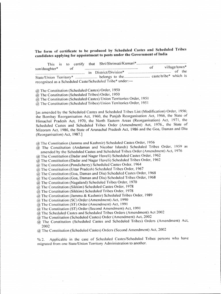 Proforma SC ST Caste Certificate | PDF | Government Of India | South Asia