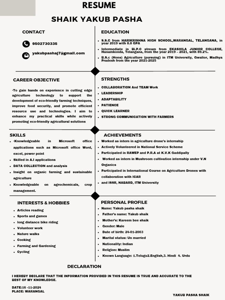RESUME - yakub pasha sheik | PDF | Agriculture
