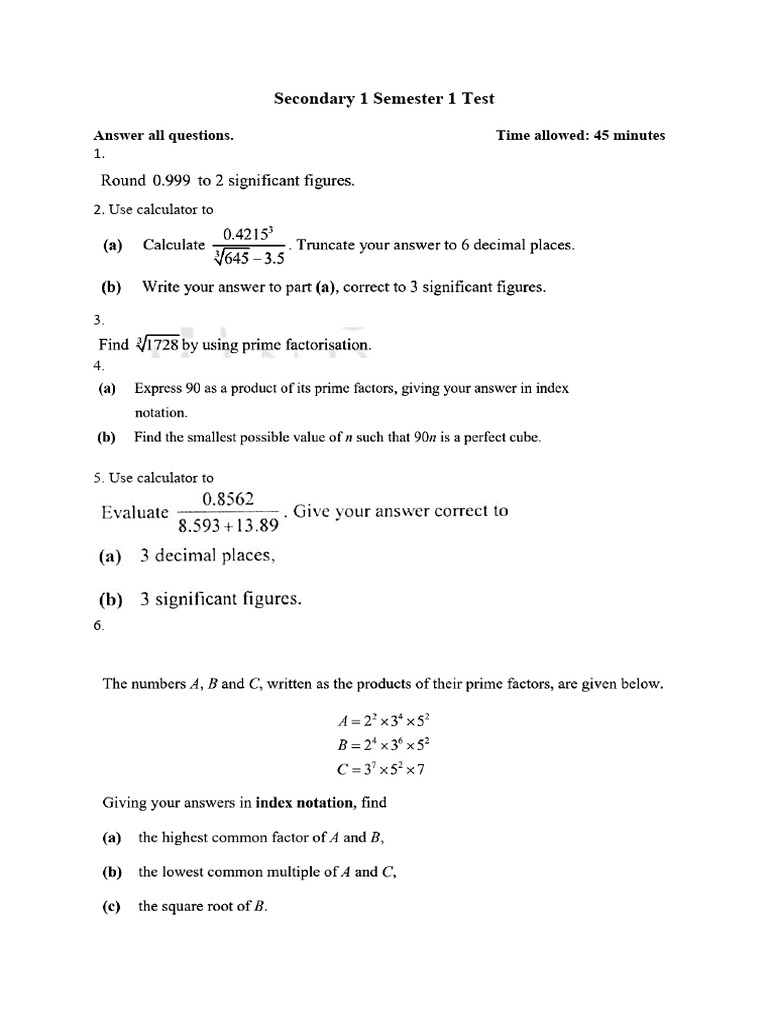 Secondary 1 Semester 1 Test | PDF