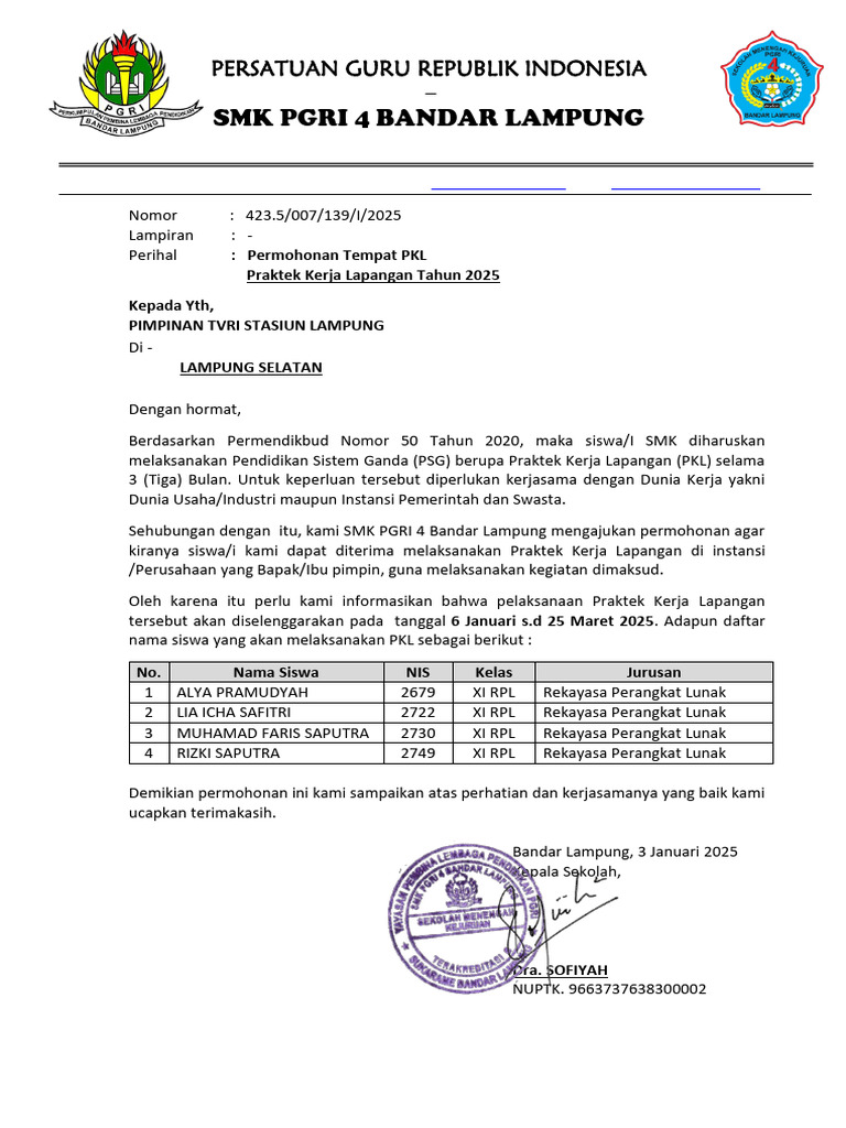 Surat PKL - TVRI | PDF