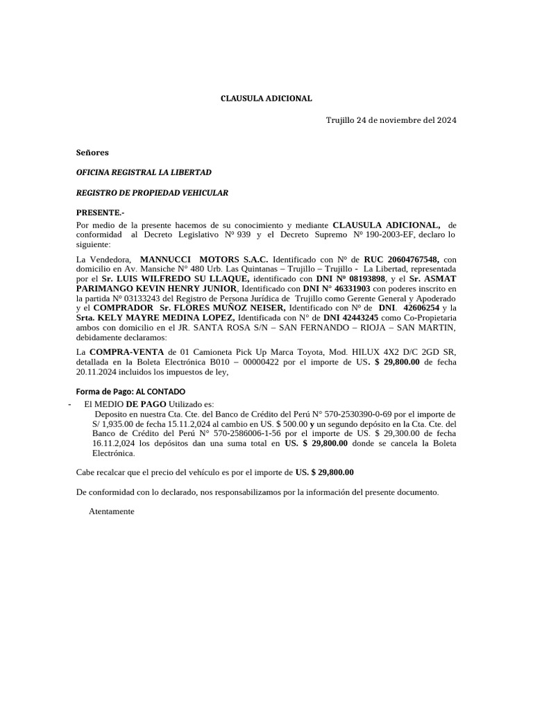 Clausula Adicional: Oficina Registral La Libertad Registro de Propiedad Vehicular | PDF