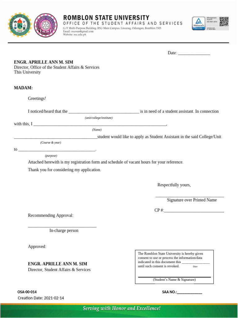 Student Assistant Application Template | PDF